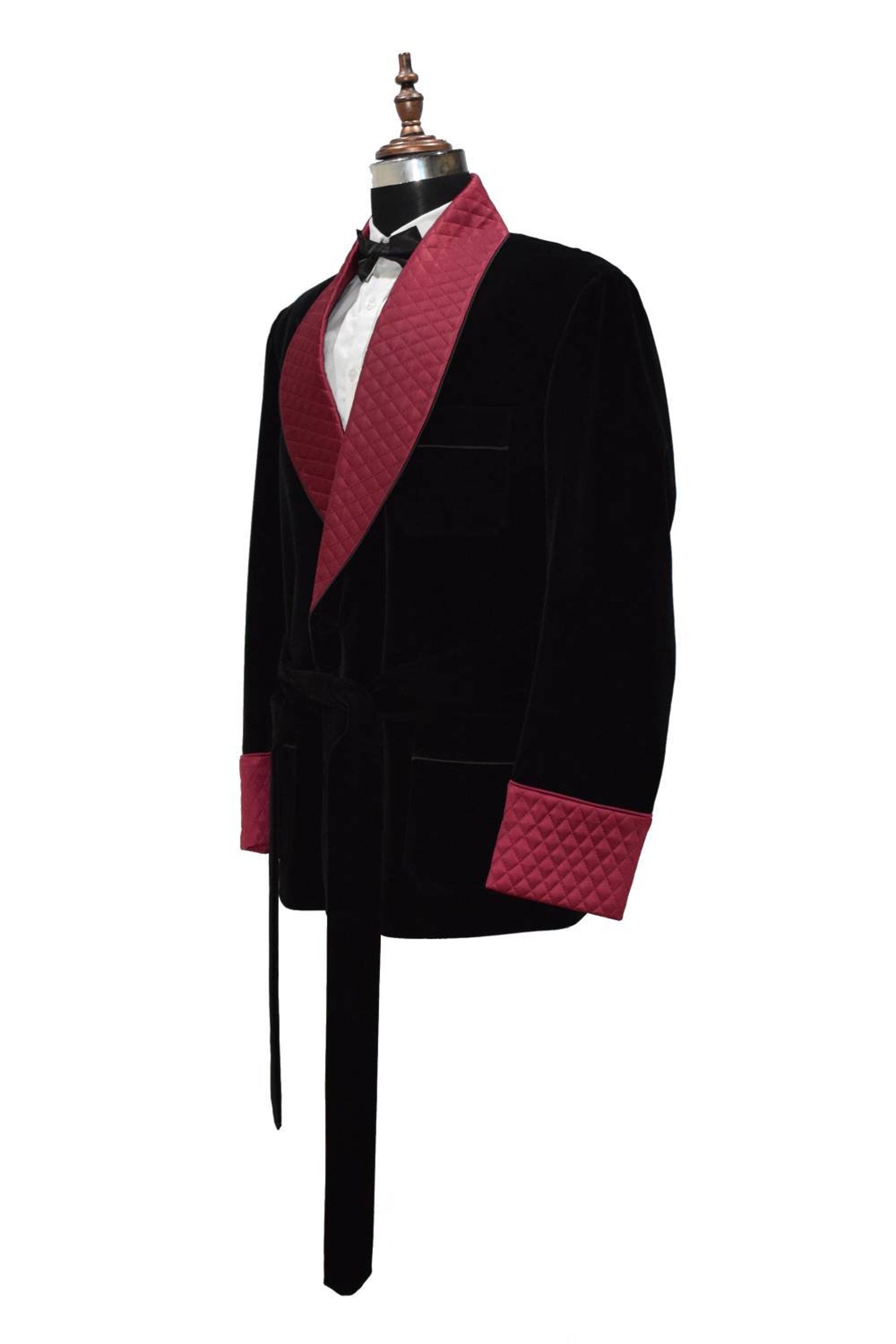 Men Black Smoking Jackets Patch Pockets Quilted Lapel Belted | Etsy