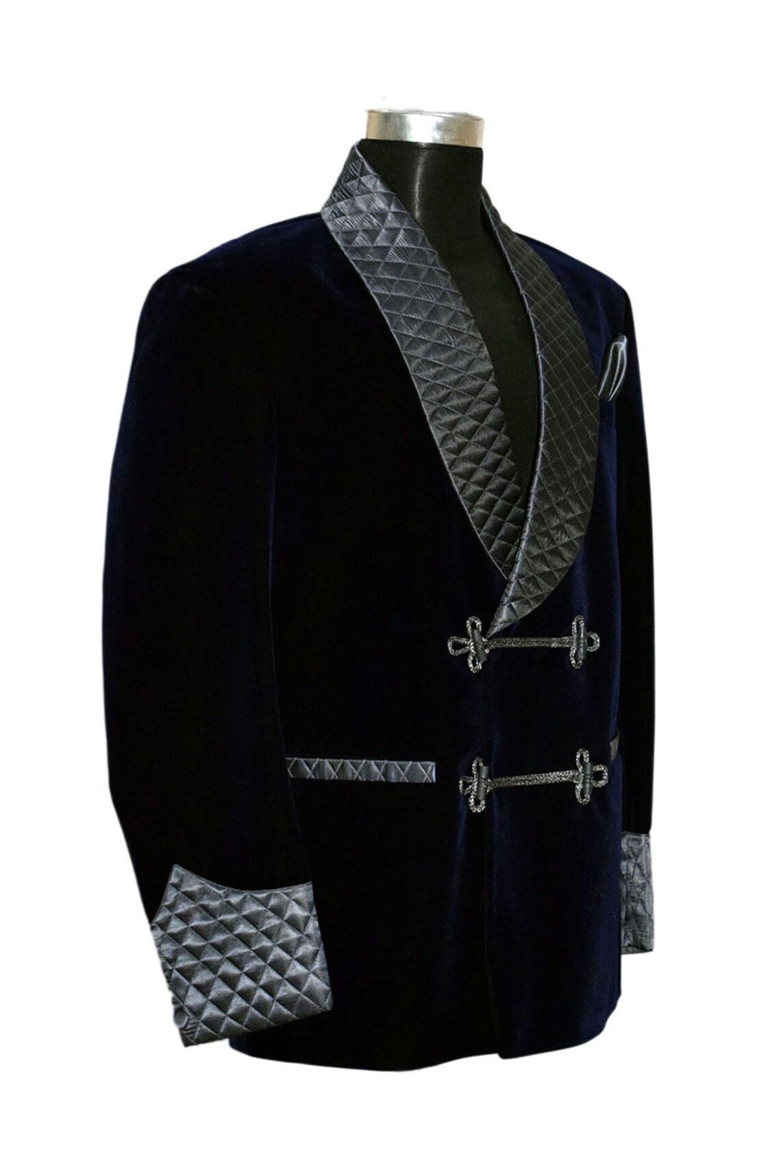 Men Navy Blue Smoking Jackets Quilted Lapel Dinner Party Wear Coat ...