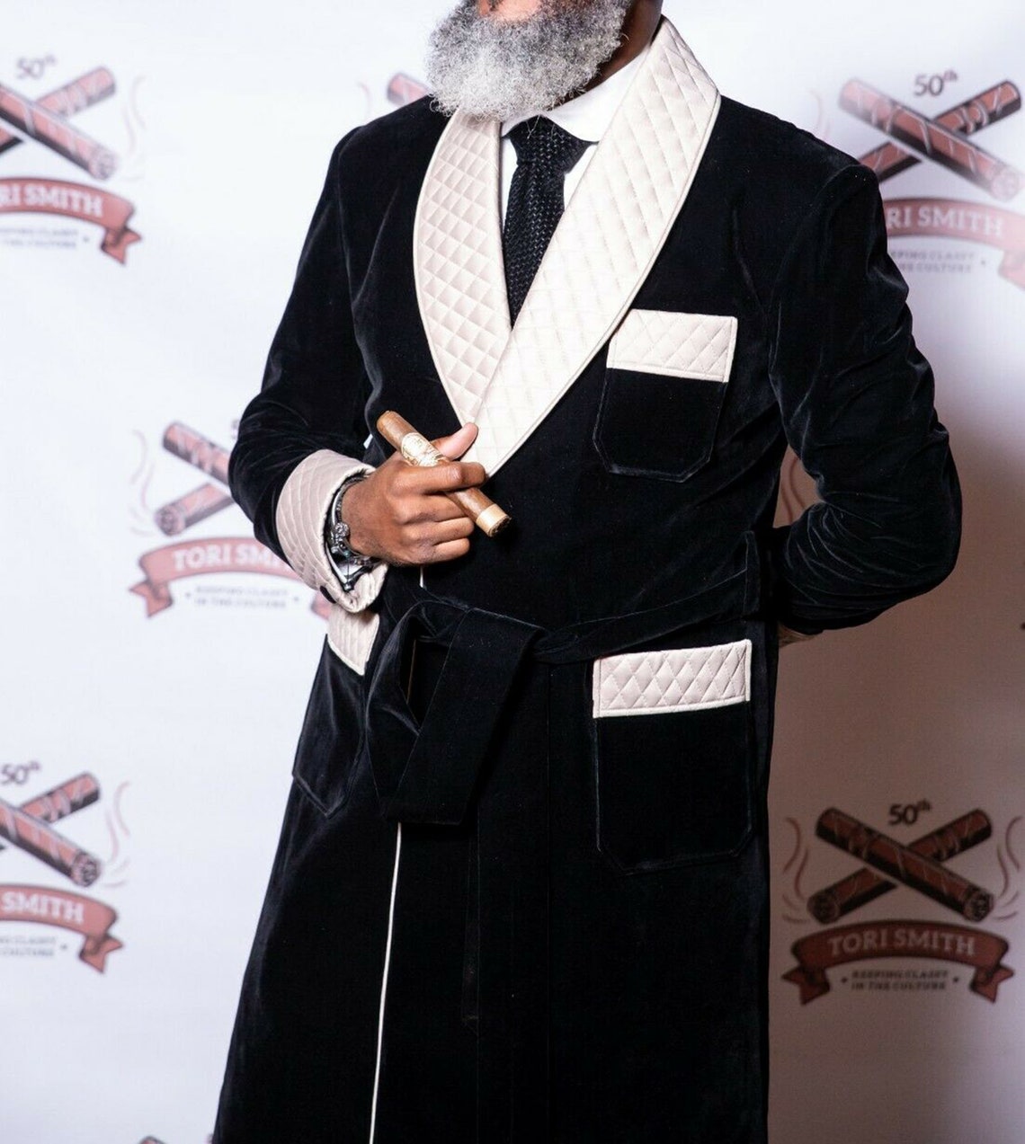 Men Black Smoking Velvet Gowns Quilted Lapel Dinner Party Wear Long ...