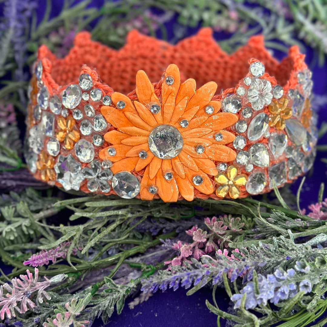 Handmade Crocheted Adult Crown (orange/flower) With Jewels | One-of-a ...