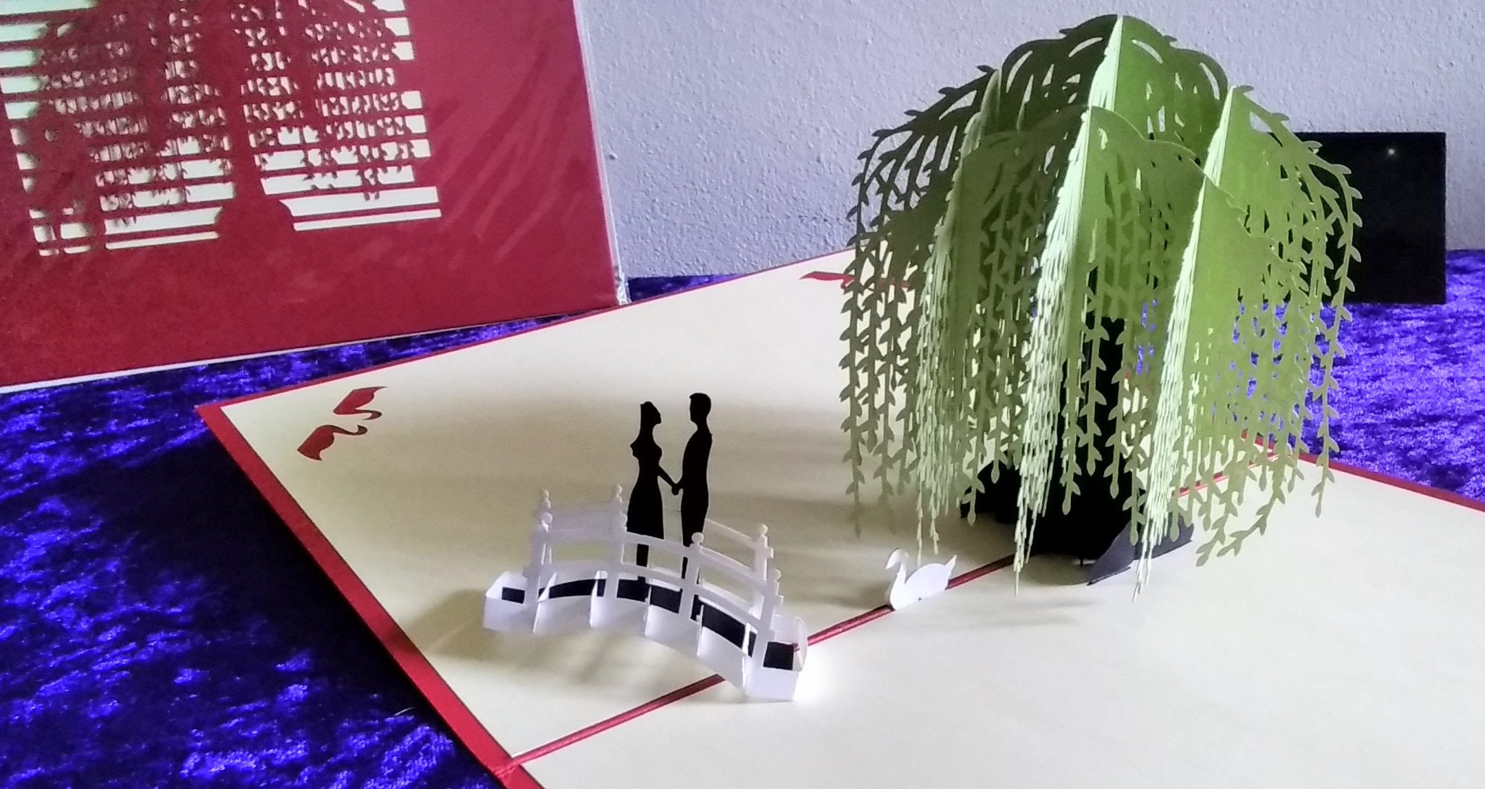 Couple on Bridge Under Willow Tree With Swan 3D Kirigami Pop-up ...