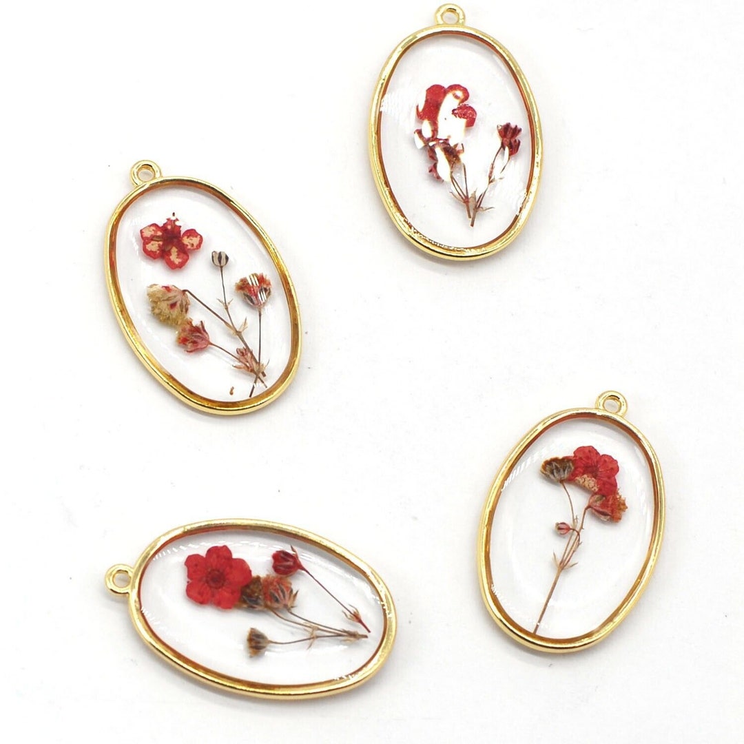 4PCS Gold Tone Real Dried Pressed Flower Resin Oval Charm Supply GBY16 ...
