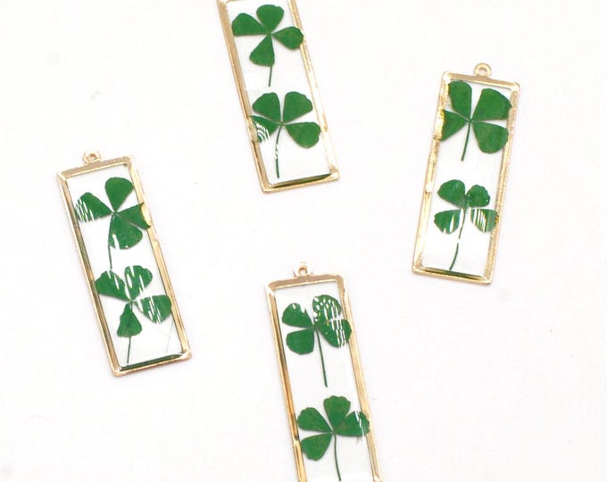 4PCS Gold Tone Real Dried Clover Leaves Resin Rectangle Charm Pendant ...