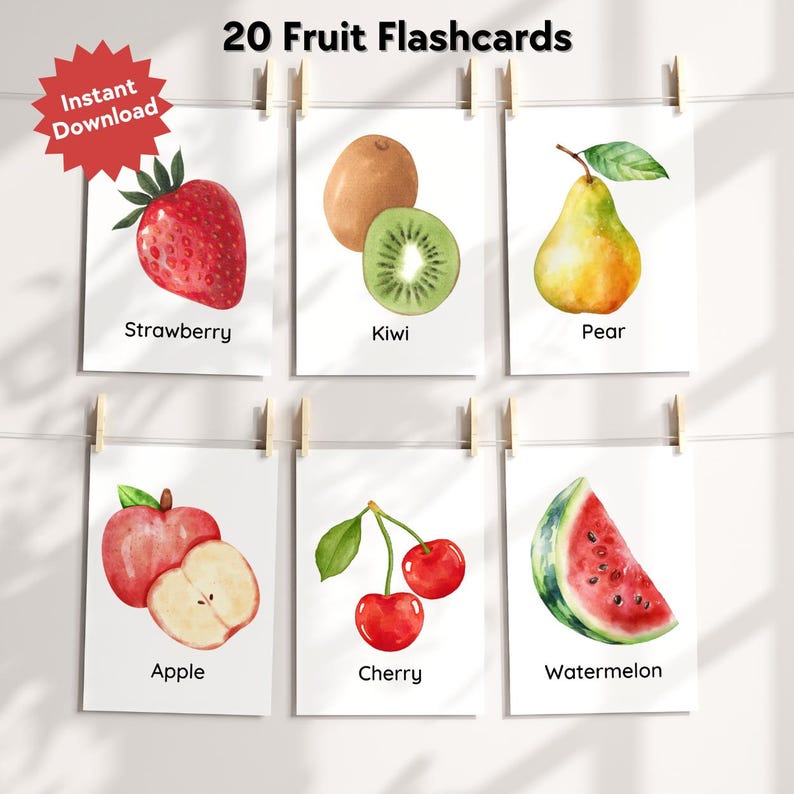 20 Fruit Flashcards, Watercolor Fruit Flashcards, Homeschool Printables ...
