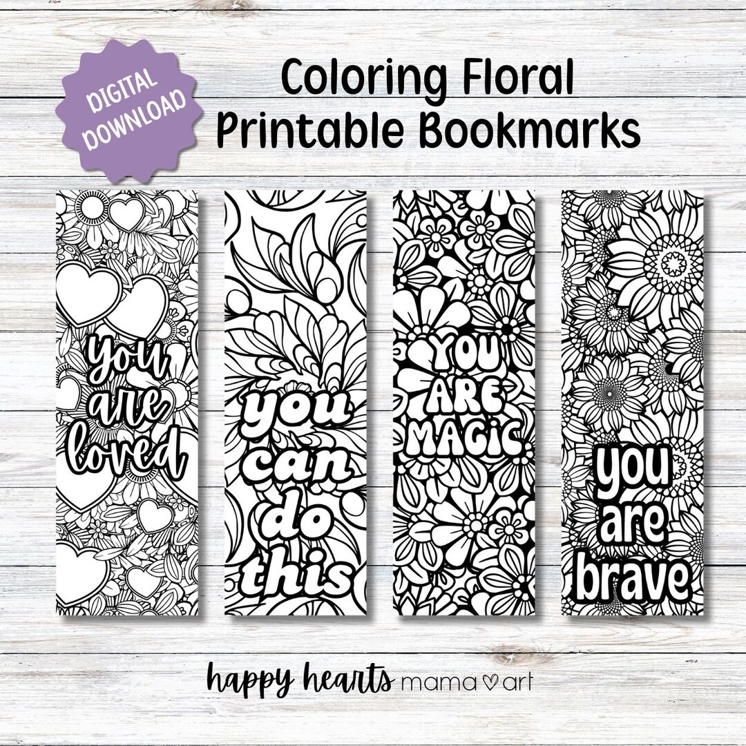 Floral Coloring Bookmarks: 4 Printable Bookmarks for Book Lovers, Book ...