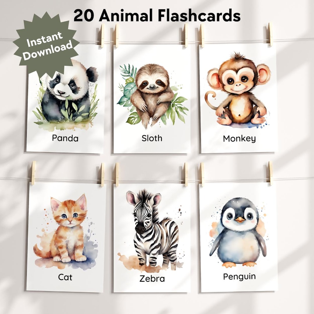 20 Baby Animals Flashcards, Watercolor Animal Flashcards, Homeschool ...