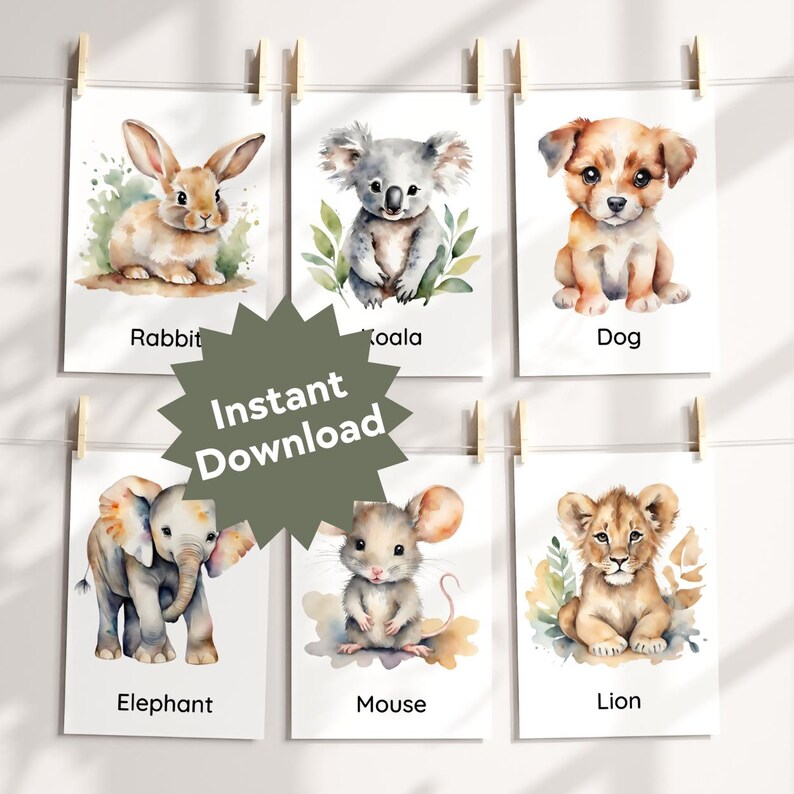 20 Baby Animals Flashcards, Watercolor Animal Flashcards, Homeschool ...