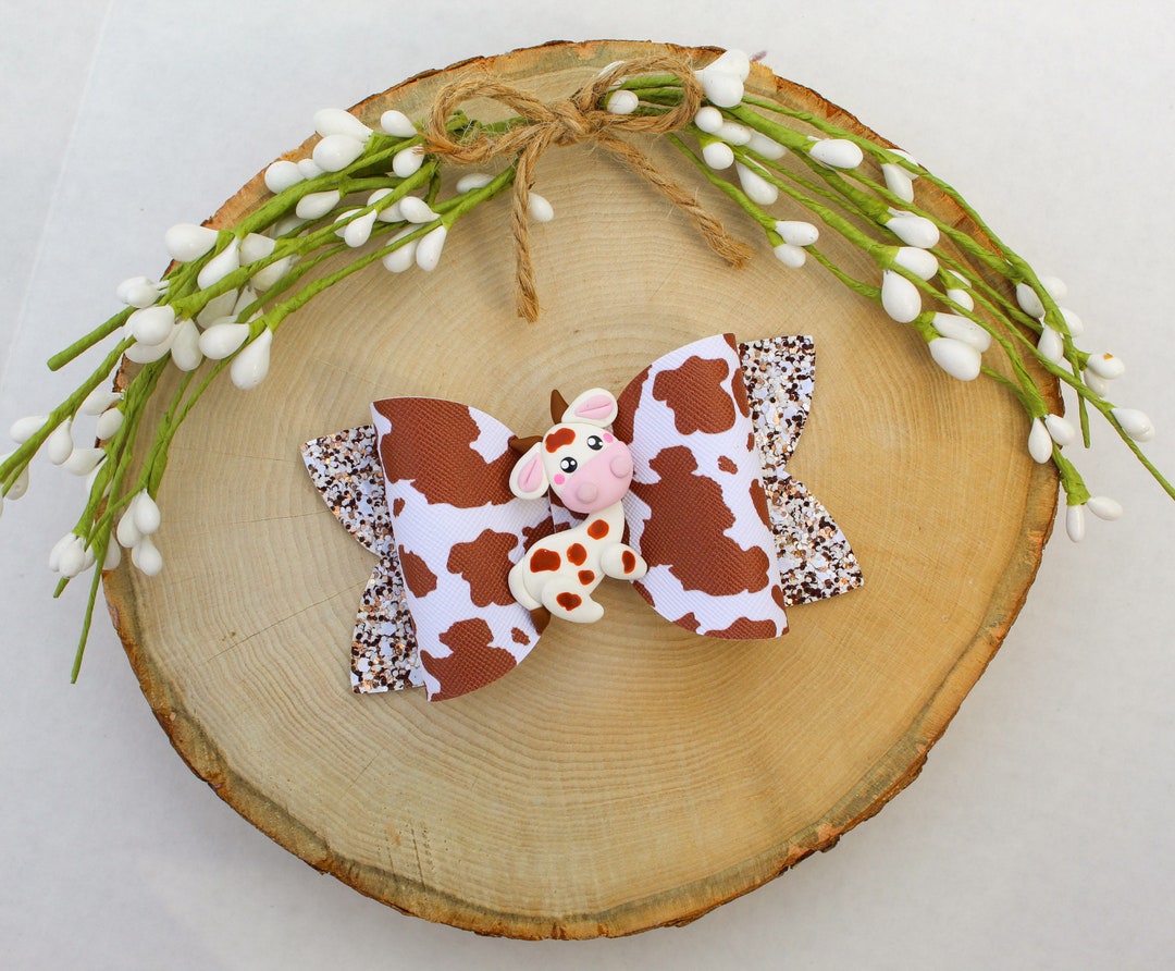 Cowhide Bow With Cow Clay Center, Cow Print Bow, Bows for Babies, Large ...