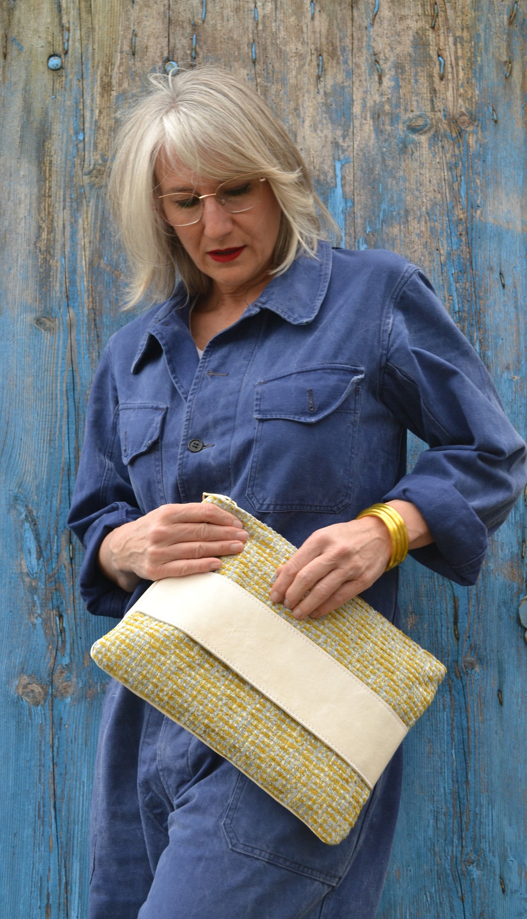 Handmade Pouch Bag in Leather and Fabric / City or Evening Clutch large ...