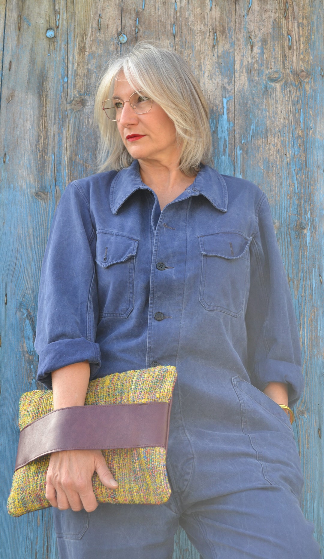 Handmade Pouch Bag in Leather and Fabric / City or Party Clutch large ...