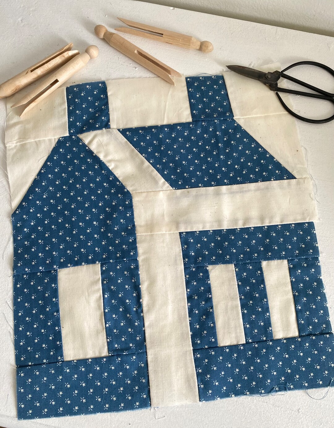 School House - Shaker Style House Block - Muslin and Blue Fabric ...
