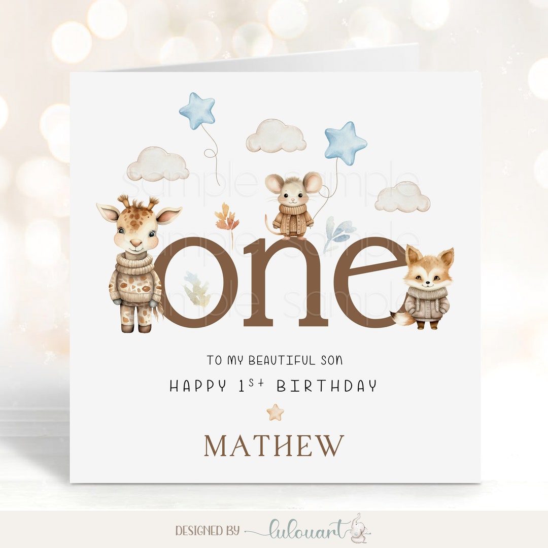 Woodland First Birthday Card for Son, Personalized Stationery Gift for ...