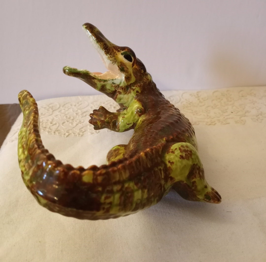Vtg Hand-painted Ceramic Alligator, Green and Brown With Open Mouth ...