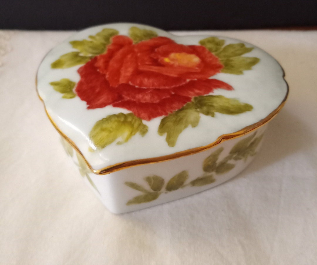 Vintage Handpainted Porcelain Heart Trinket Box: Coral Rose, 22K Gold ...