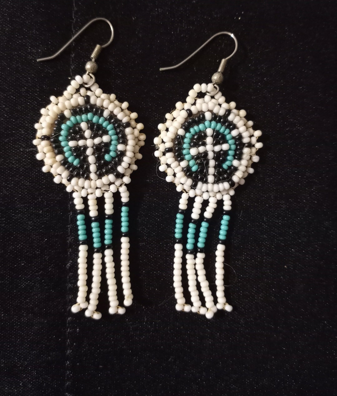 Hand Beaded Native American Glass Seed Beads Dangle Earrings on Leather ...
