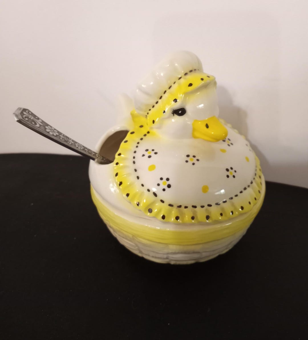 Vtg Ceramic Mother Ducky With Bonnet, Jam Jar, Sugar Bowl, Condiment ...