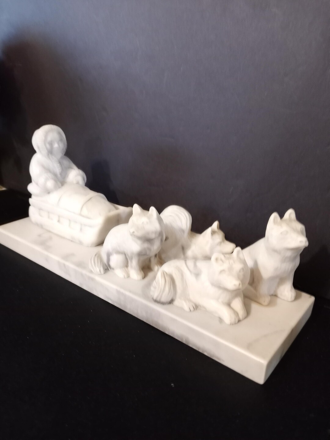 Vtg Inuit Hand Carved Marble Dog Sled and Musher Sculpture, Eskimo ...
