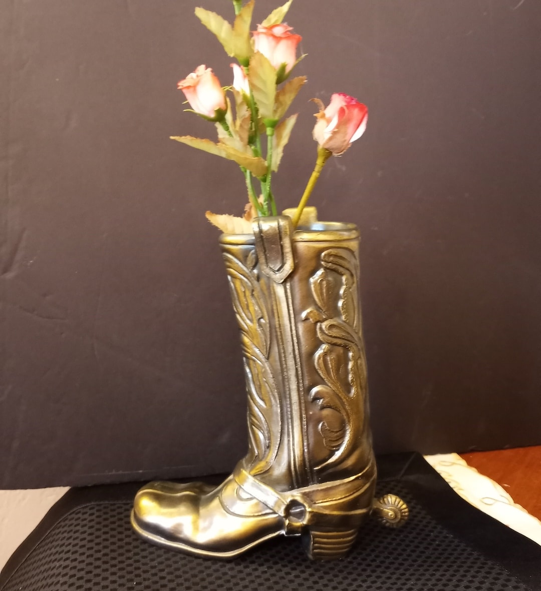 Vtg Brass Western Cowboy Boot Vase, Cowgirl Boot Vase Embossed Design ...