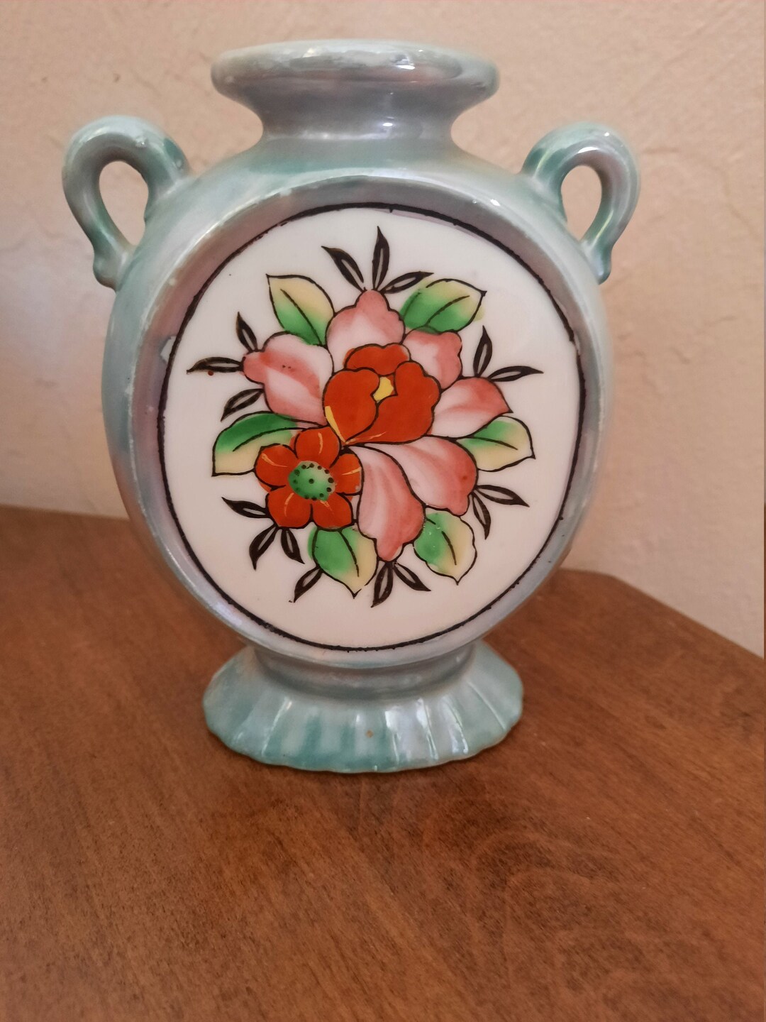 Vintage Art Deco Blue Lustreware Moon Flask Vase, Hand-painted Orchid ...