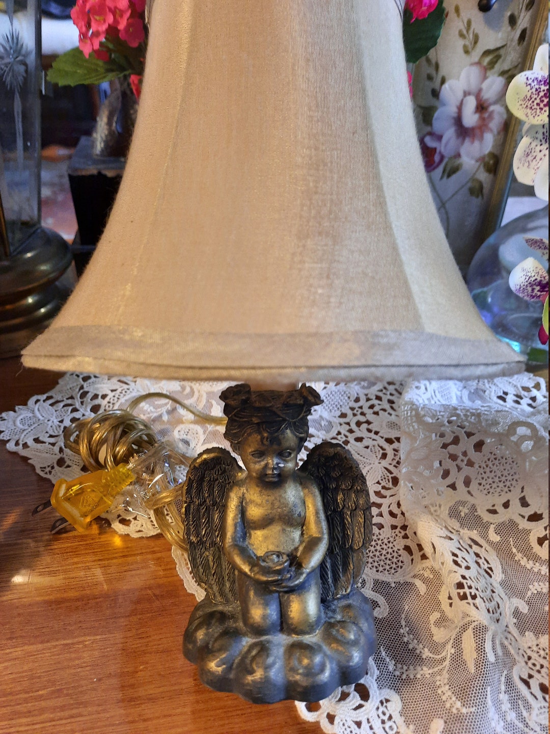 Vintage Cherub Angel Night Lamp: Gold Chalkware Ceramic With Silk Shade ...