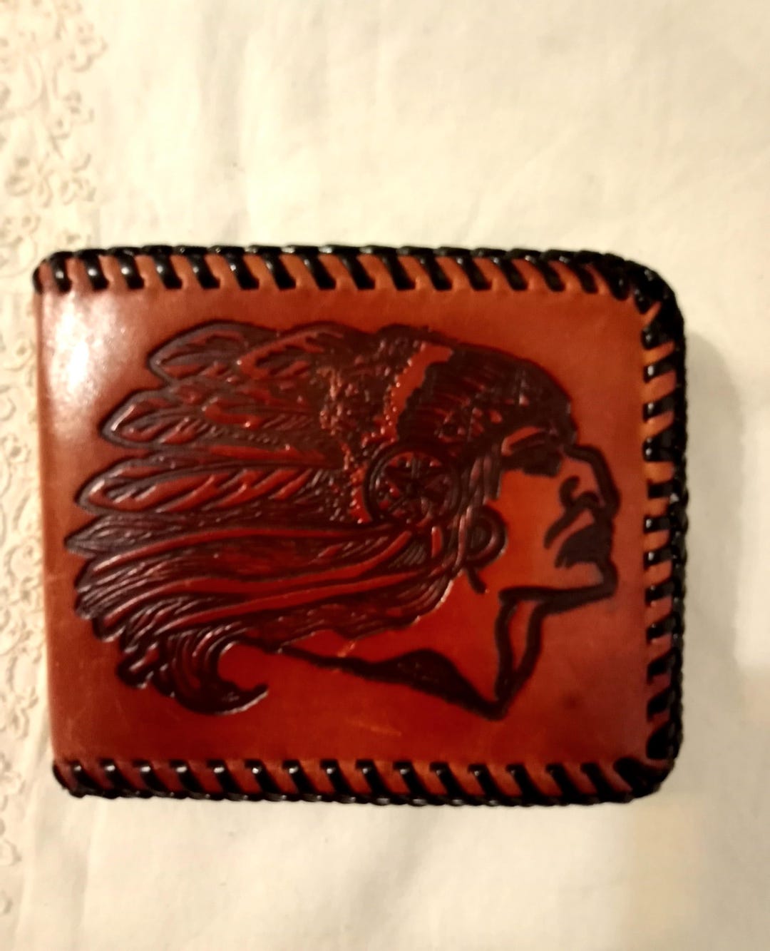 Vtg Hand Tooled Rawhide Leather Native American Indian Chief Billfold ...