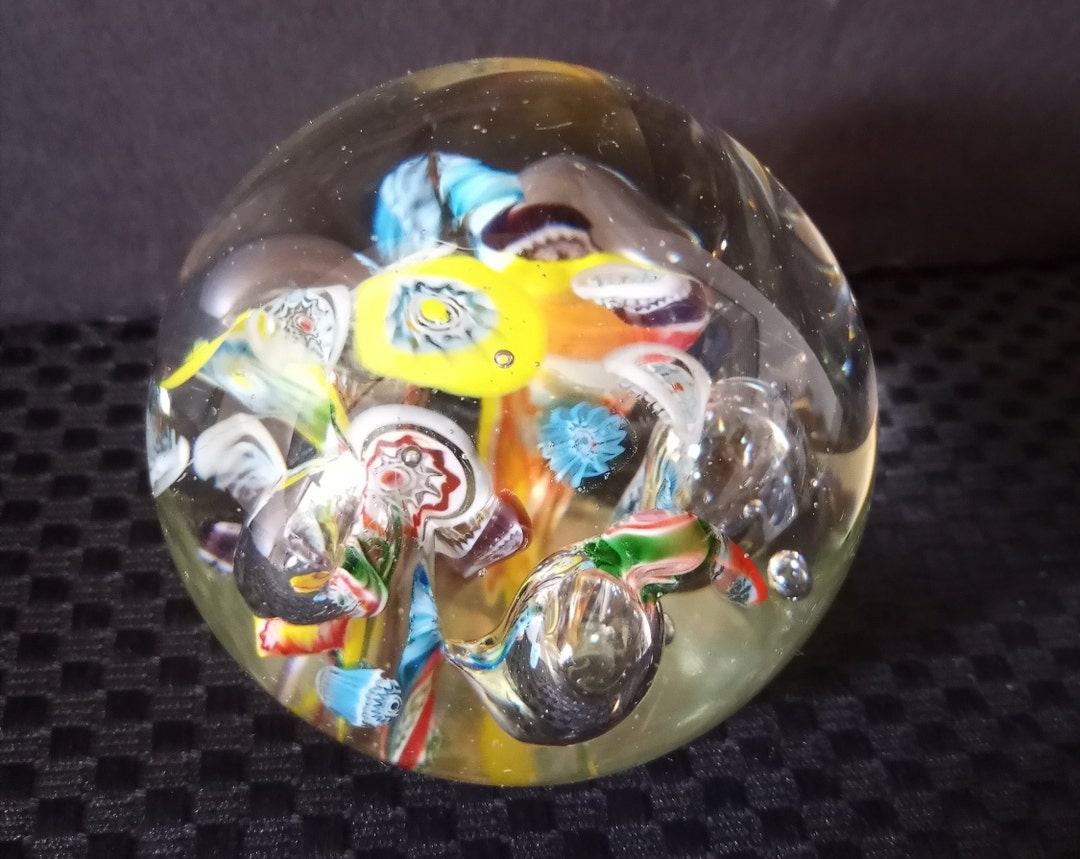 Vtg Clear Glass and Millefiore Flowers and Canes, Ball Paperweight ...