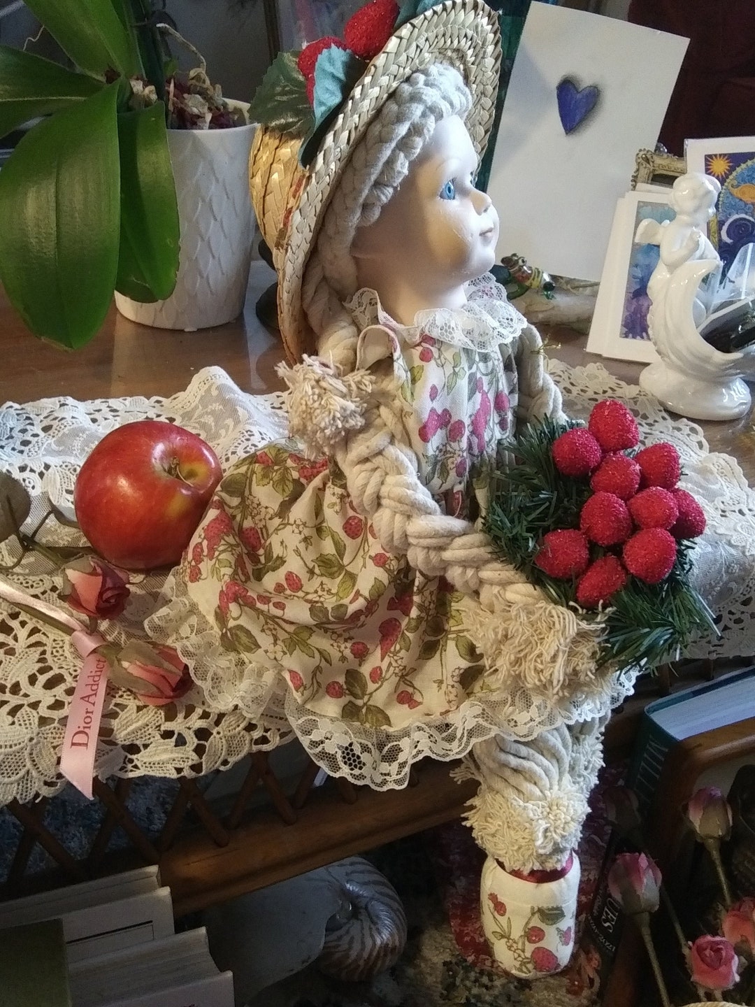 Strawberry Girl Sitting Mop Doll With Porcelain Head, Straw Hat With ...