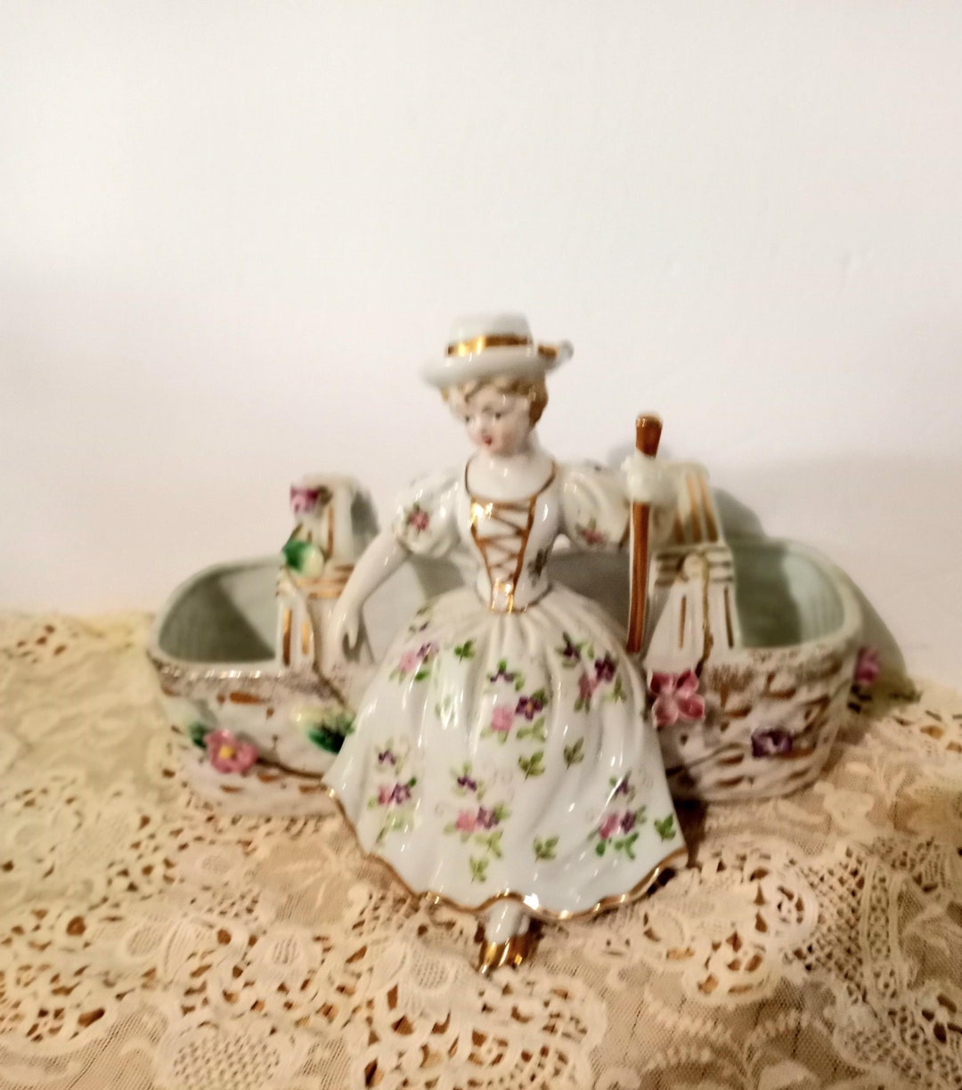 Victorian Style Porcelain Lady Planter: Handpainted Floral, 22K Gold ...