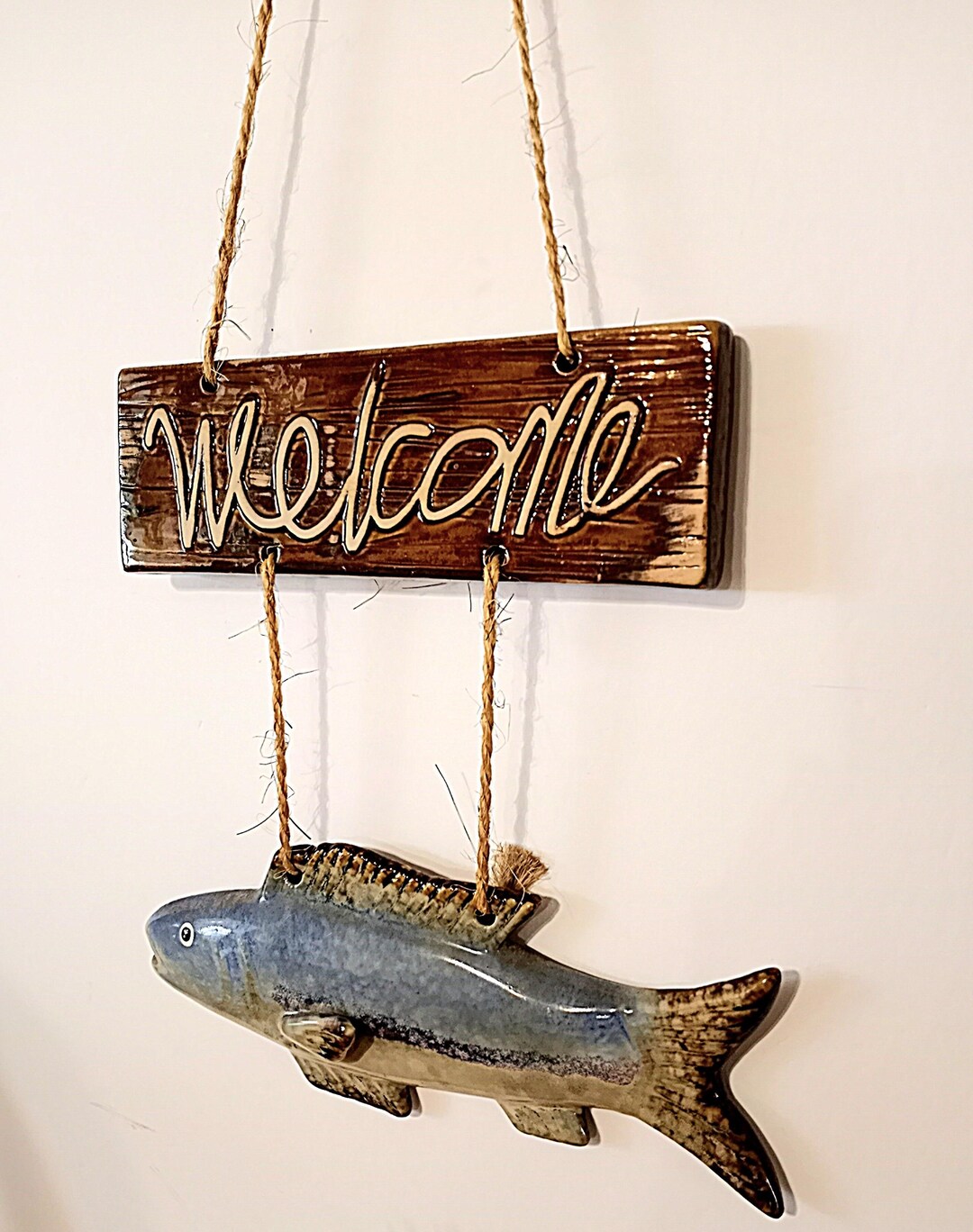 Vtg Hanging Pottery Trout Fish Welcome Sign Hemp Rope Connectors ...