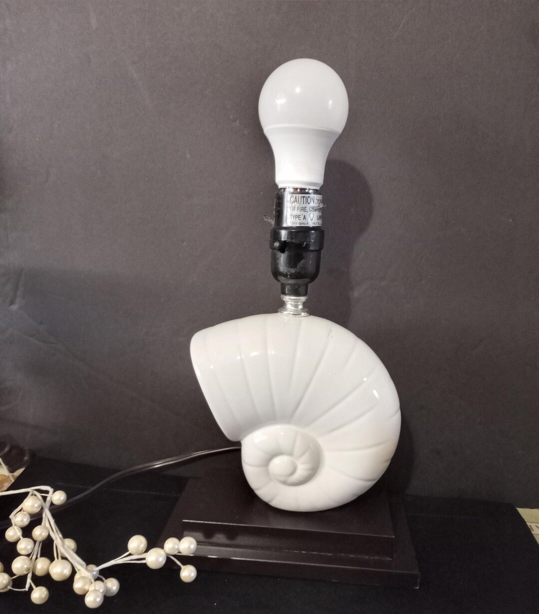 Vtg White Ceramic Nautilus Shell Lamp, Stacked Black Wood Base, No ...