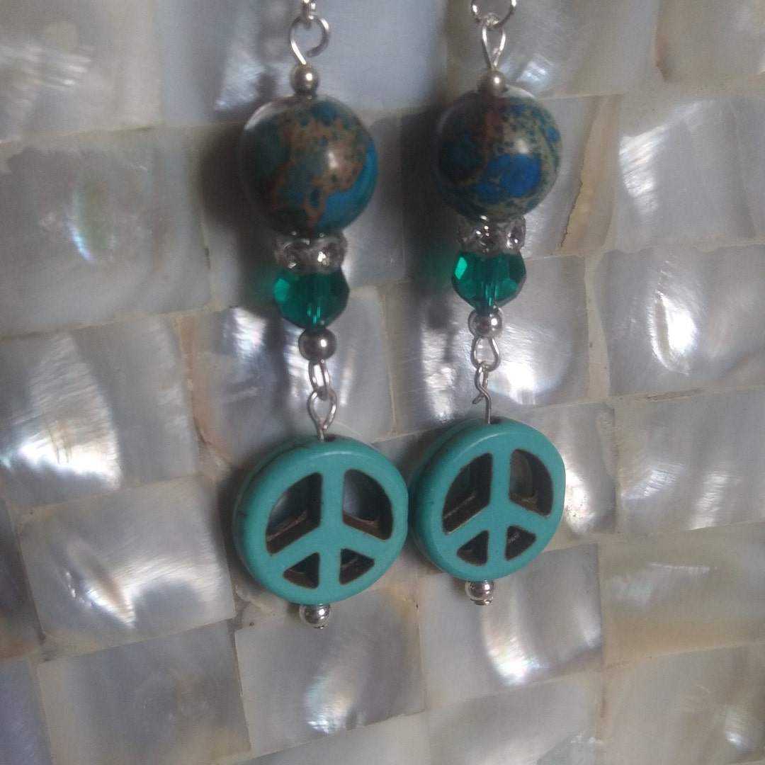 Turquoise Peace Sign Earrings With Azurite Beads, Faceted Swarovski ...