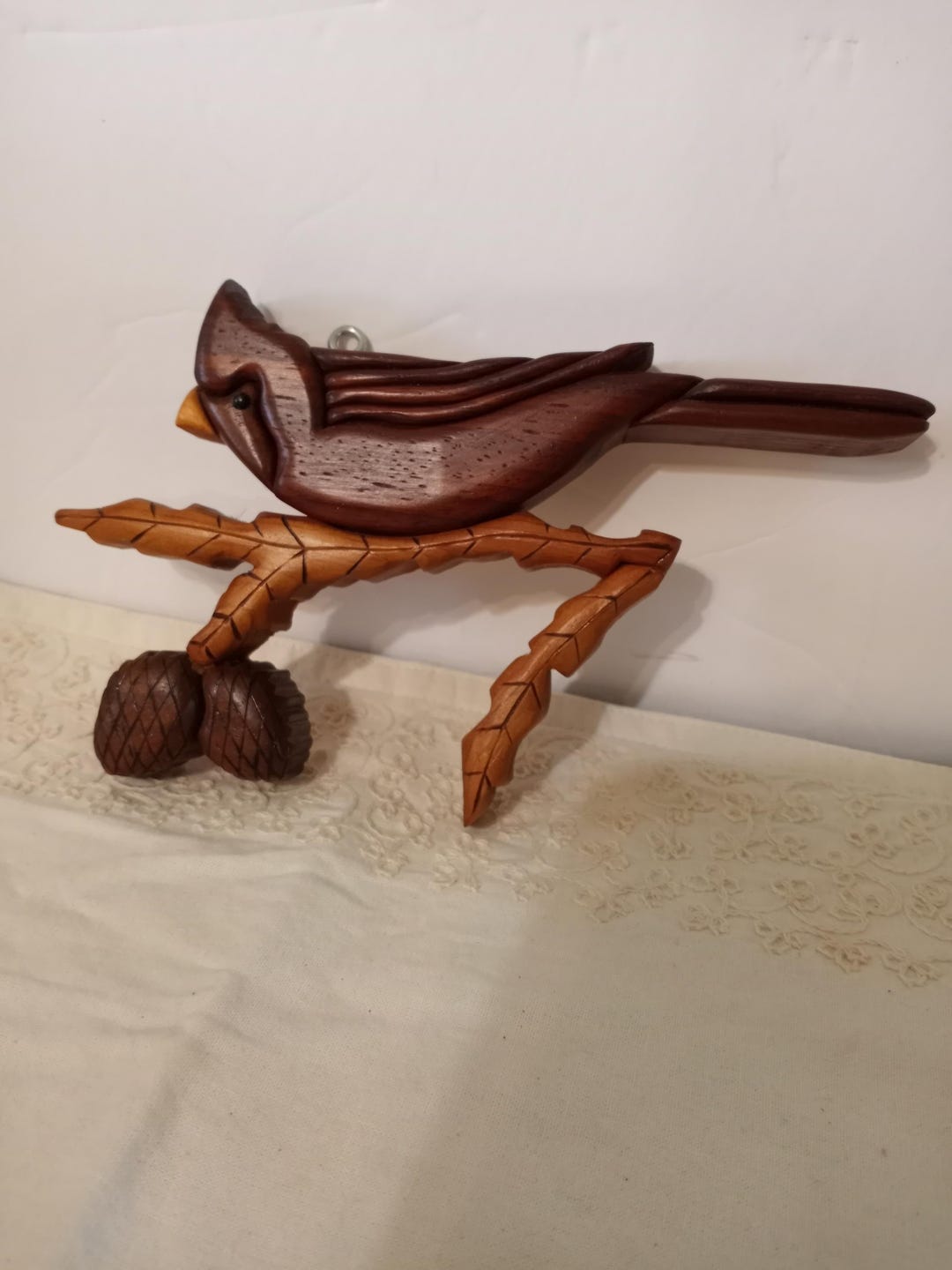 Vtg Handmade Mixed Wood Intarsia Cardinal on Pine Branch With Pinecones ...