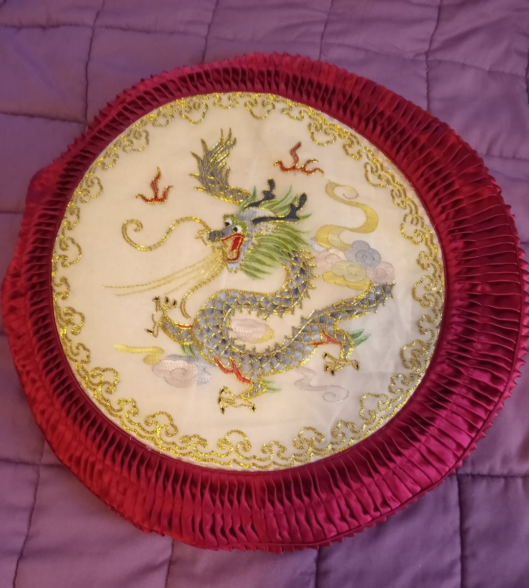 Vtg Ruched Red Silk Chinese Embroidery Dragon Pillow Silk & Metallic ...