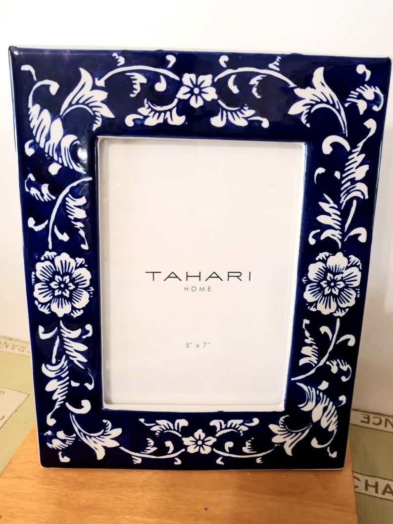 Blue & White Ceramic Photo Frame: Tahari Home Delftware, 5x7, Easel or ...