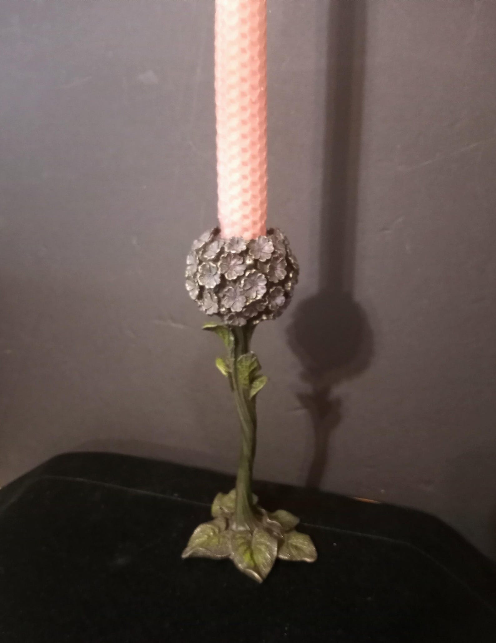 Art Nouveau Enameled Bronze Hydrangea Candlestick: Verdigris Finish, 7. ...