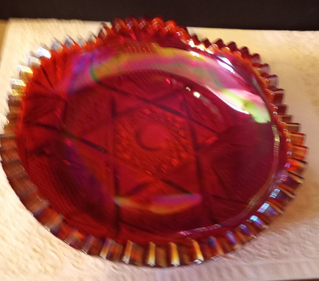 Vintage LE Smith Carnival Glass Bowl: Iridescent Ruby Red, Sawtooth ...
