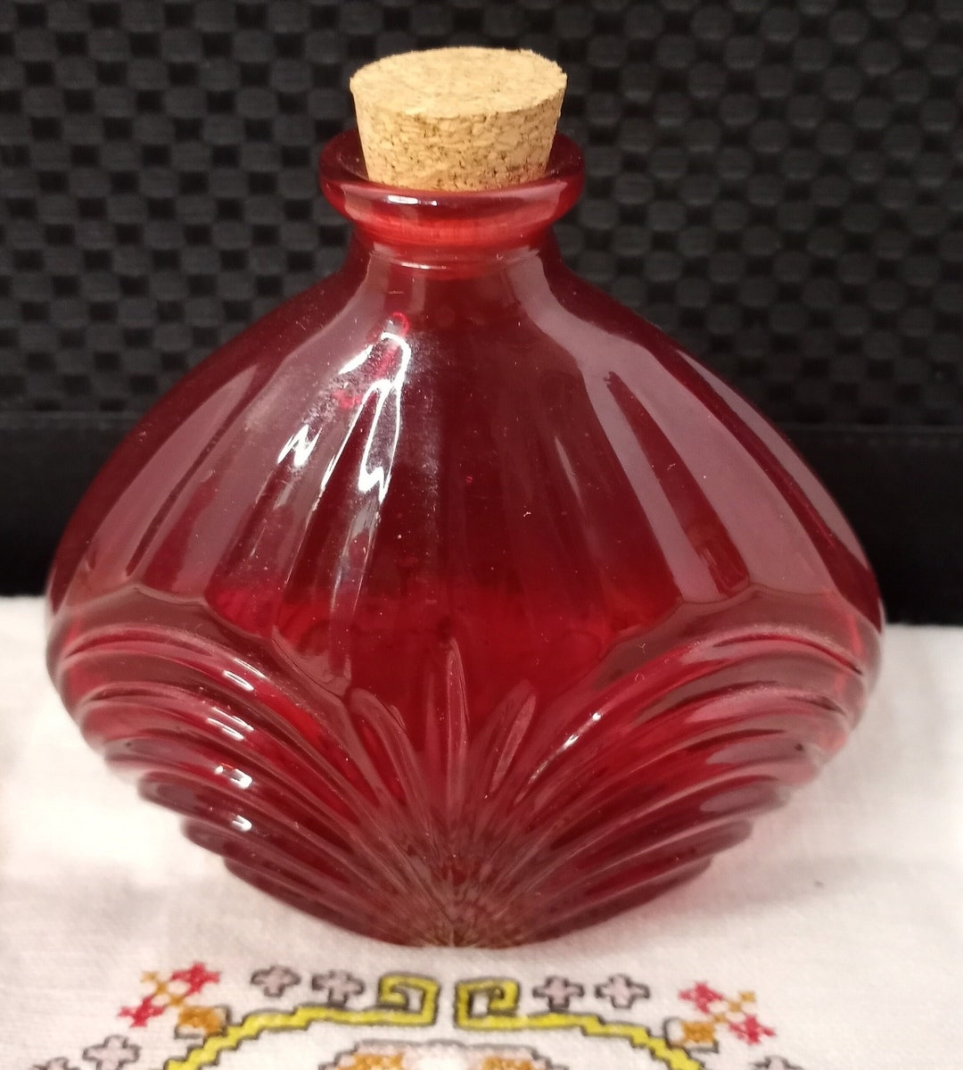 Vintage Art Deco Italian Red Crystal Perfume Bottle: Embossed Vanity ...