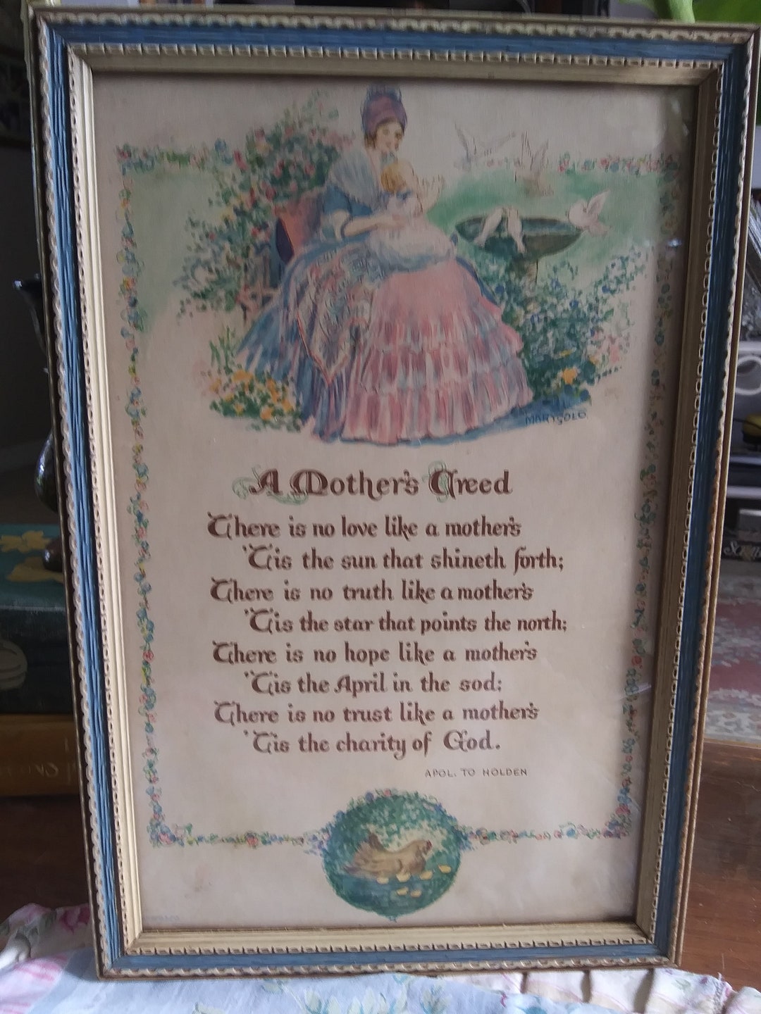 Antique Framed Print and Poem, a Mother's Creed, Inscribed 1933, Wood ...