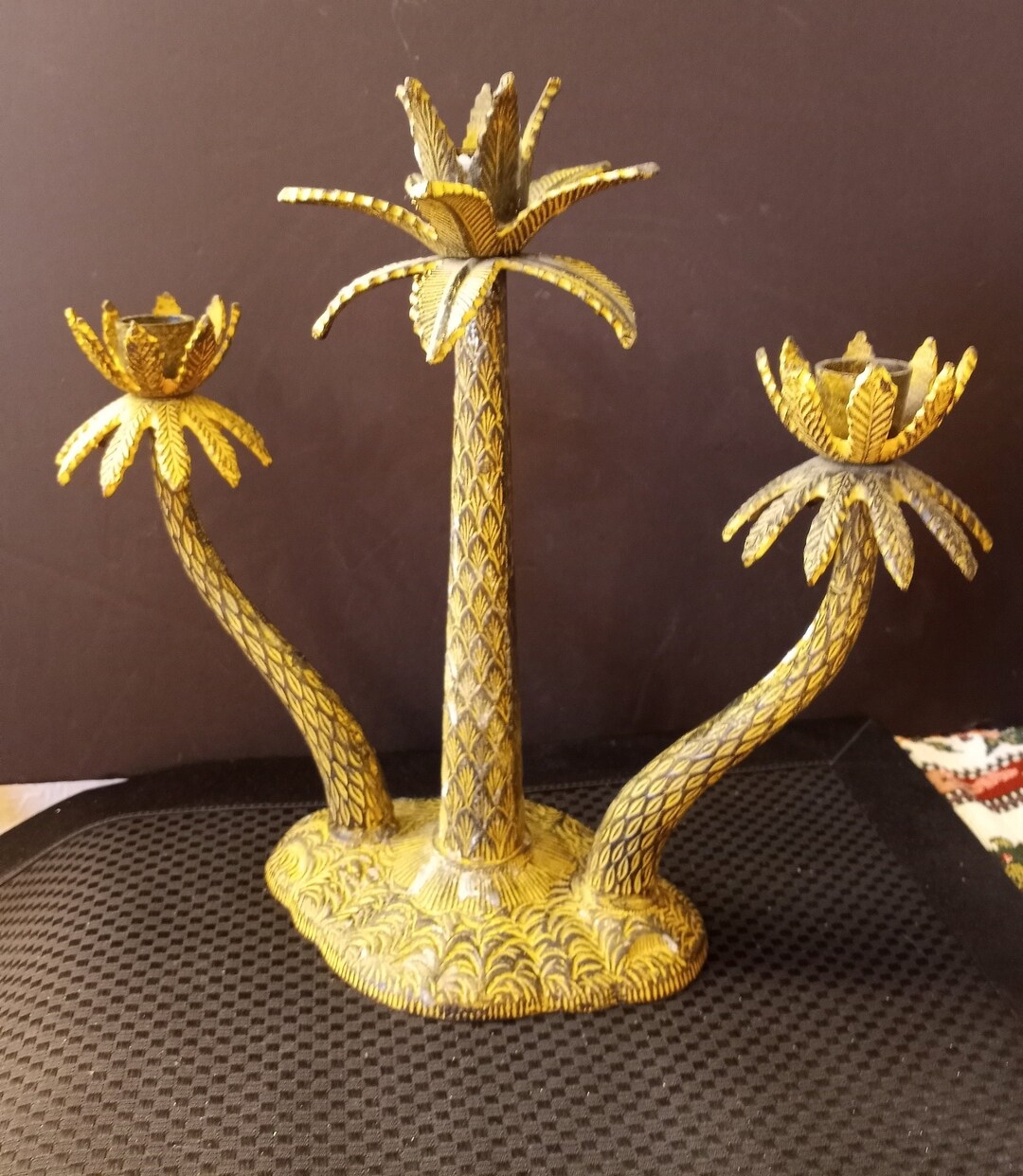 Vtg 3 Arm Date Palm Trees Candelabra; Etched, Textured Cast Brass ...