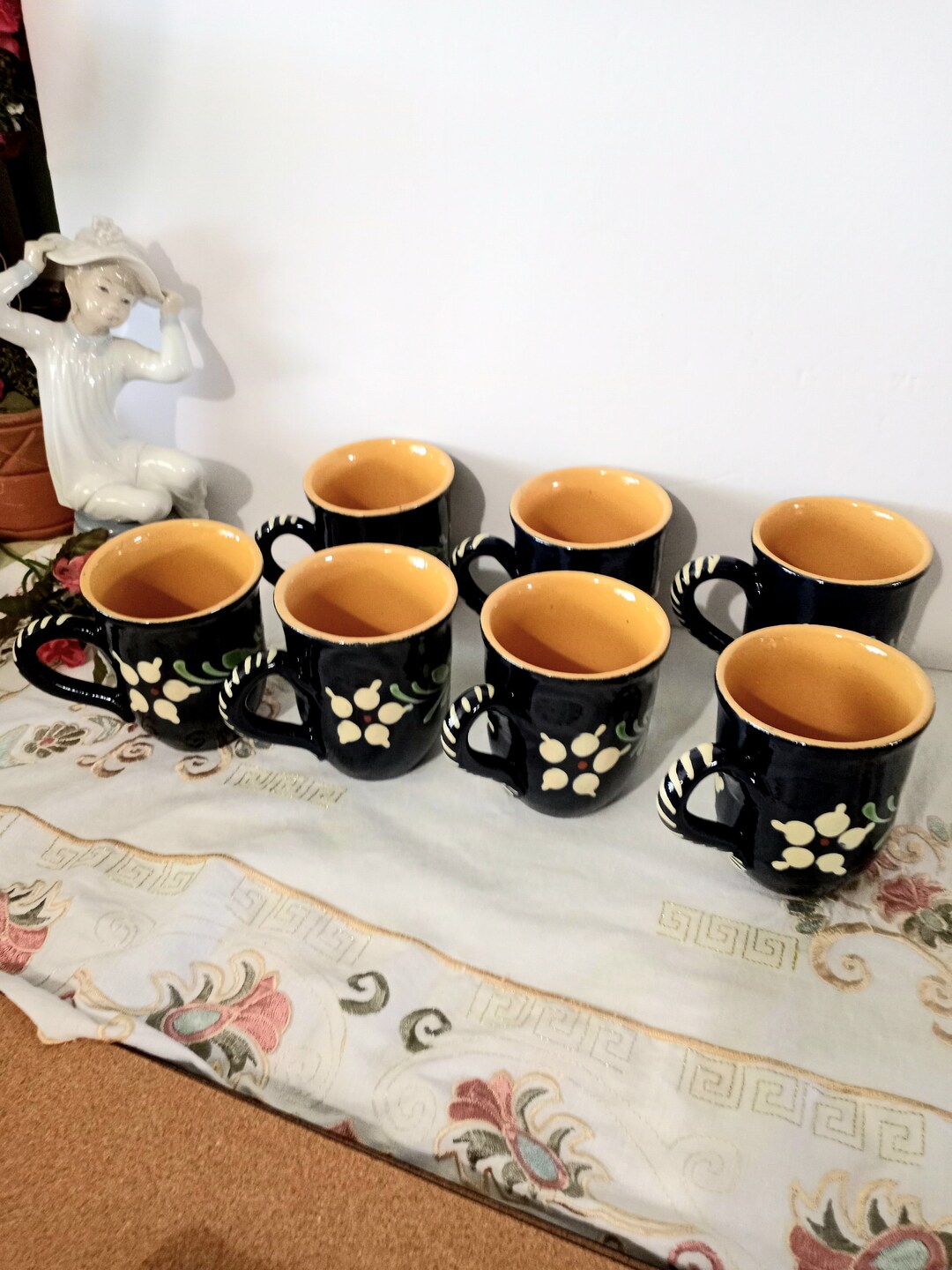 Set of 8 Vtg Handpainted Alsace French Earthenware Pottery Mugs, Dark ...
