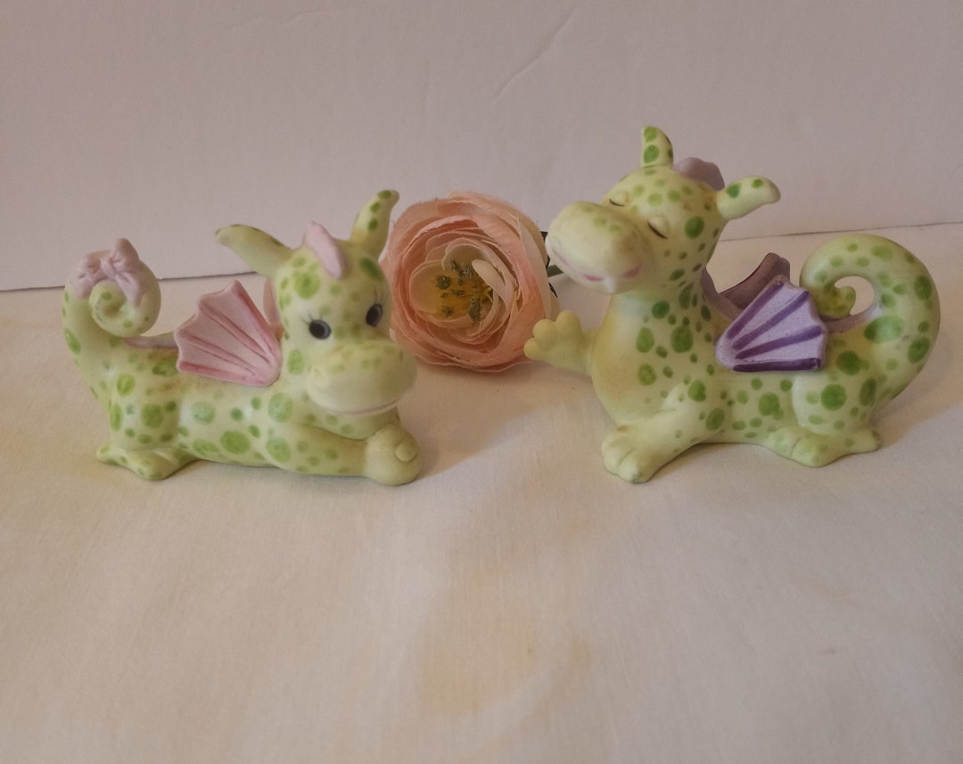 Rare Pair of Vtg Mint Green Ceramic Baby Dragons, One With Pink Wings ...