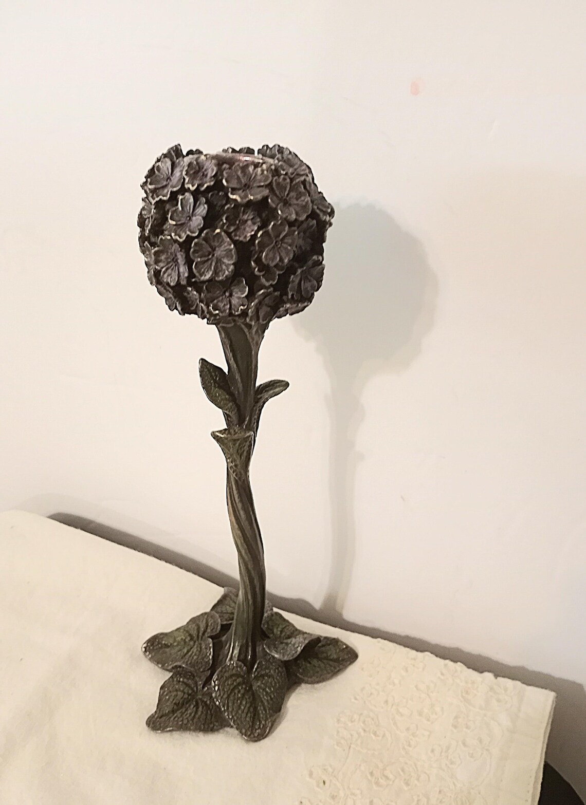 Art Nouveau Enameled Bronze Hydrangea Candlestick: Verdigris Finish, 7. ...