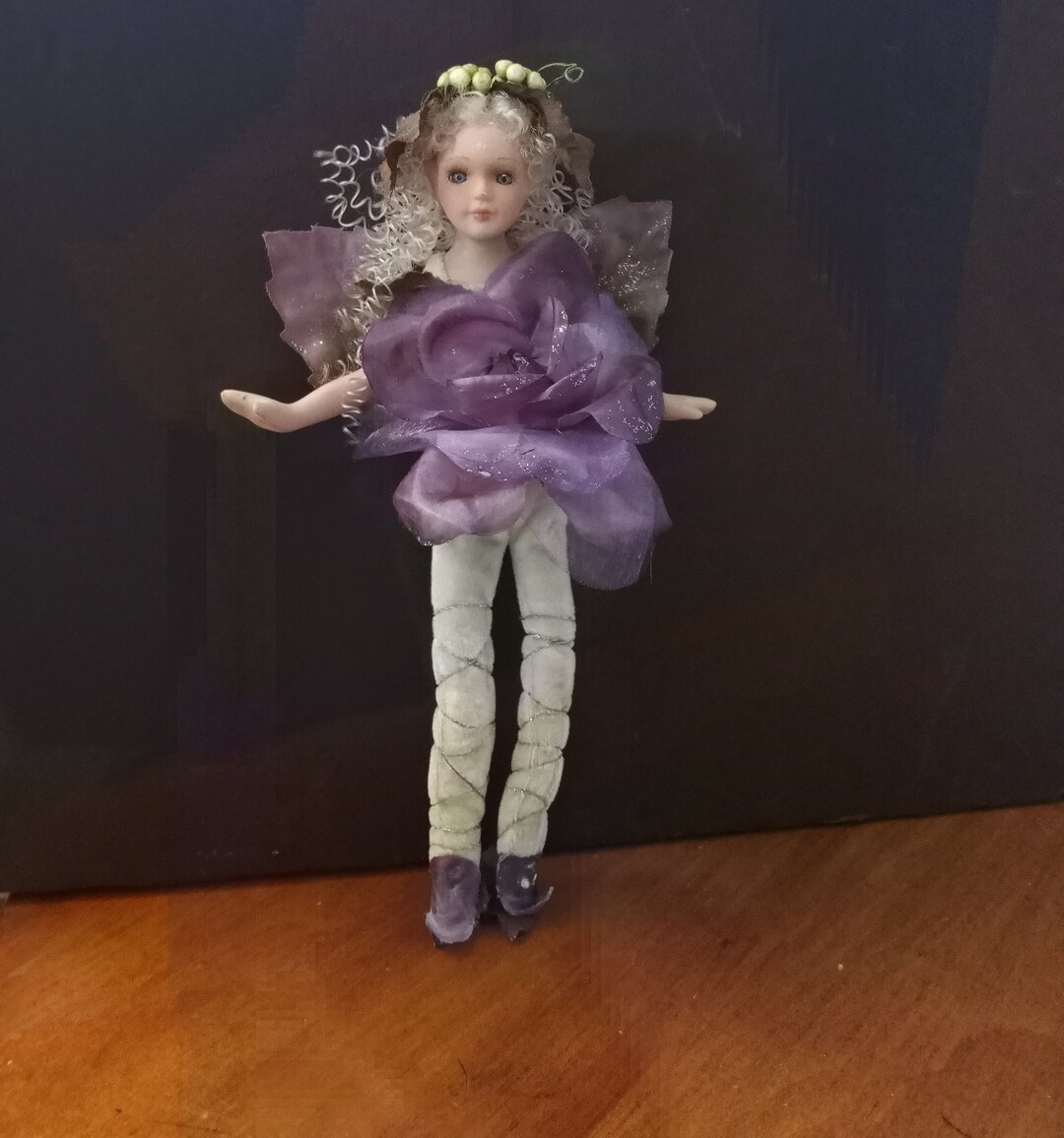 Vtg Porcelain Purple Rose Fairy Doll; Bendable Arms and Legs, Silk ...