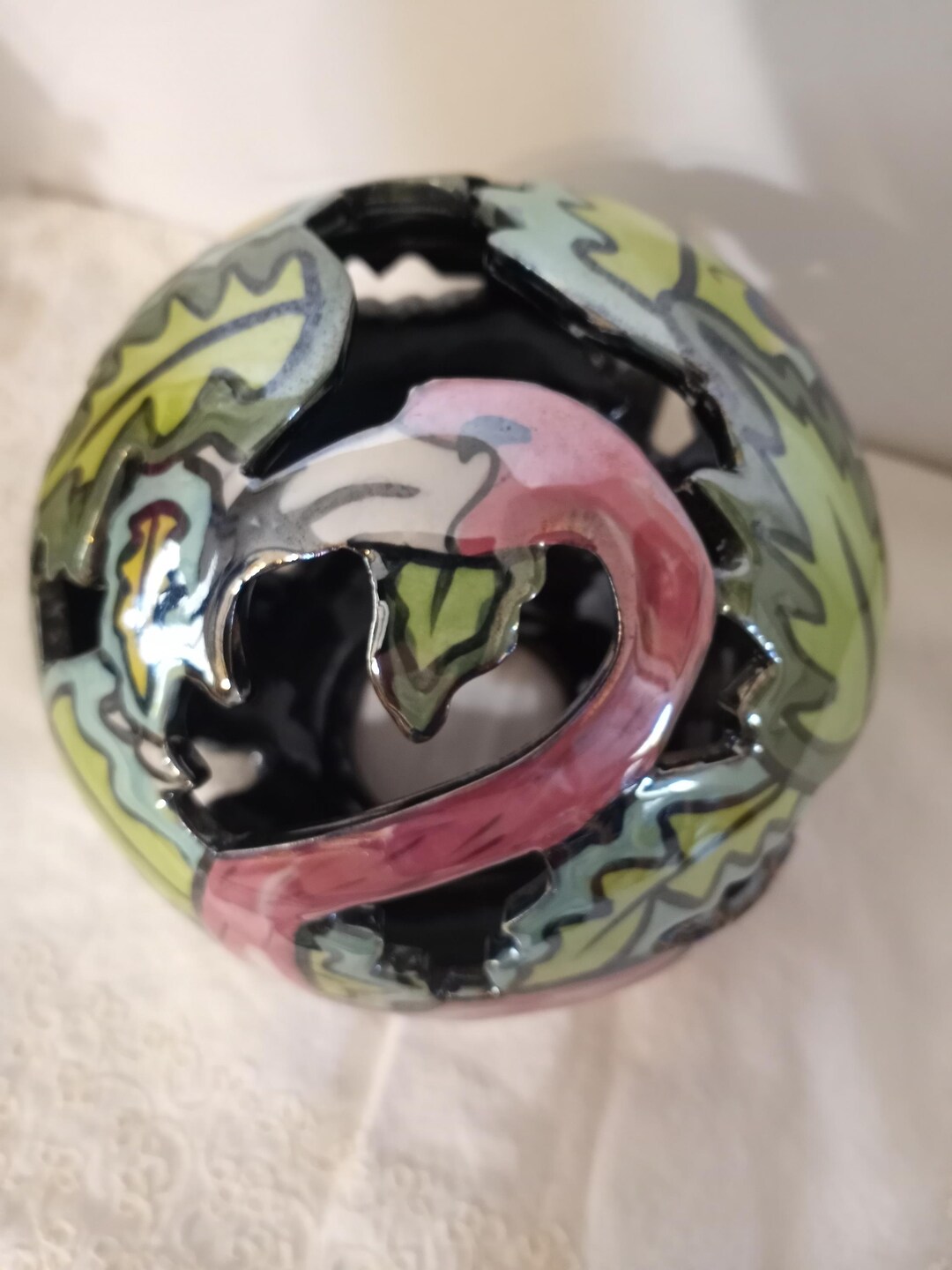Vtg Handmade Hand-painted Cut-out Ceramic Pottery Flamingo Ball ...