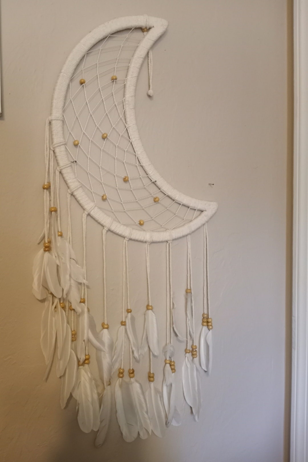 Vtg 37" Handmade Macrame Half Moon Wall Hanging, Dreamcatcher, Wall Art ...