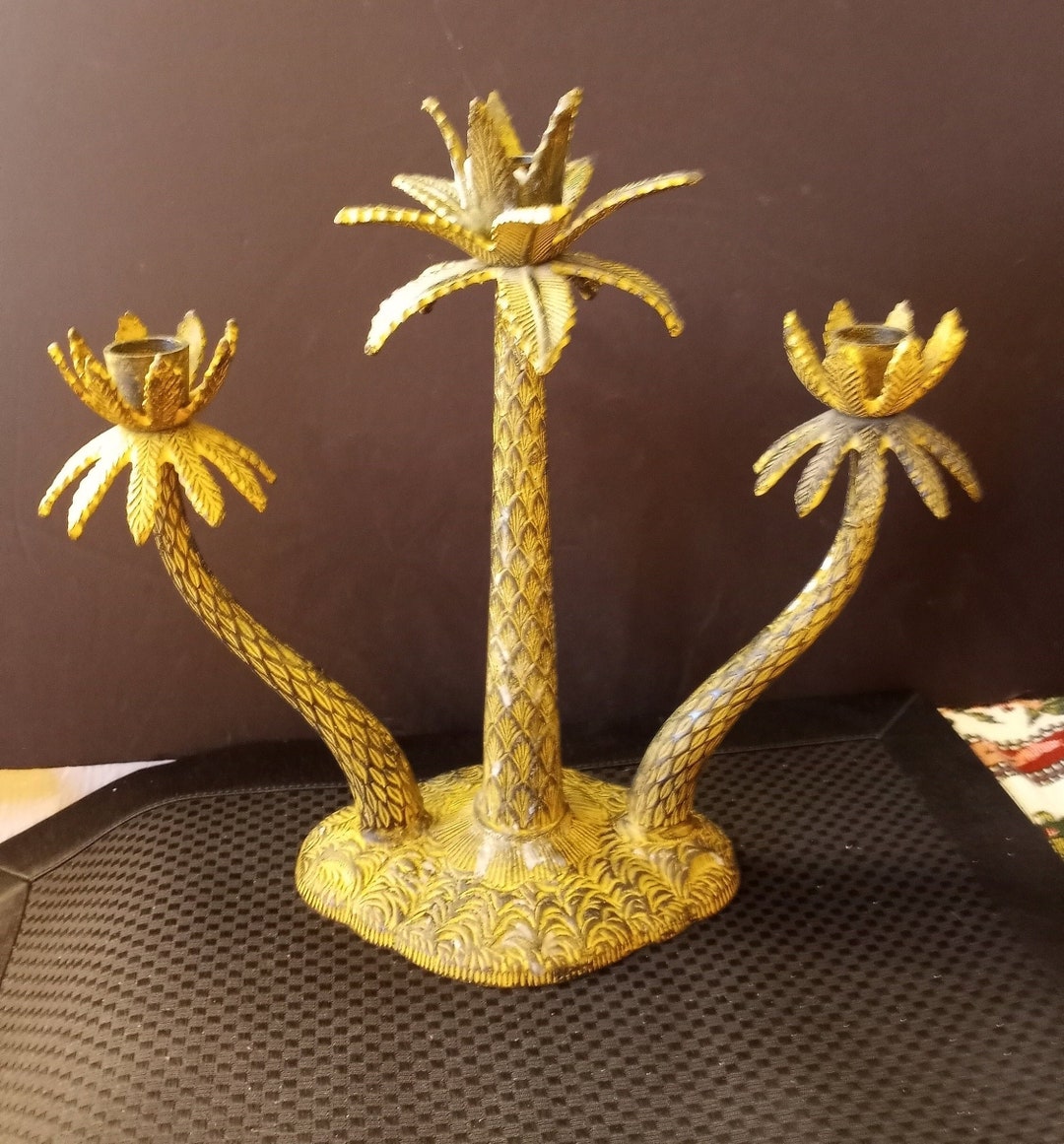 Vtg 3 Arm Date Palm Trees Candelabra Etched Textured Cast - Etsy