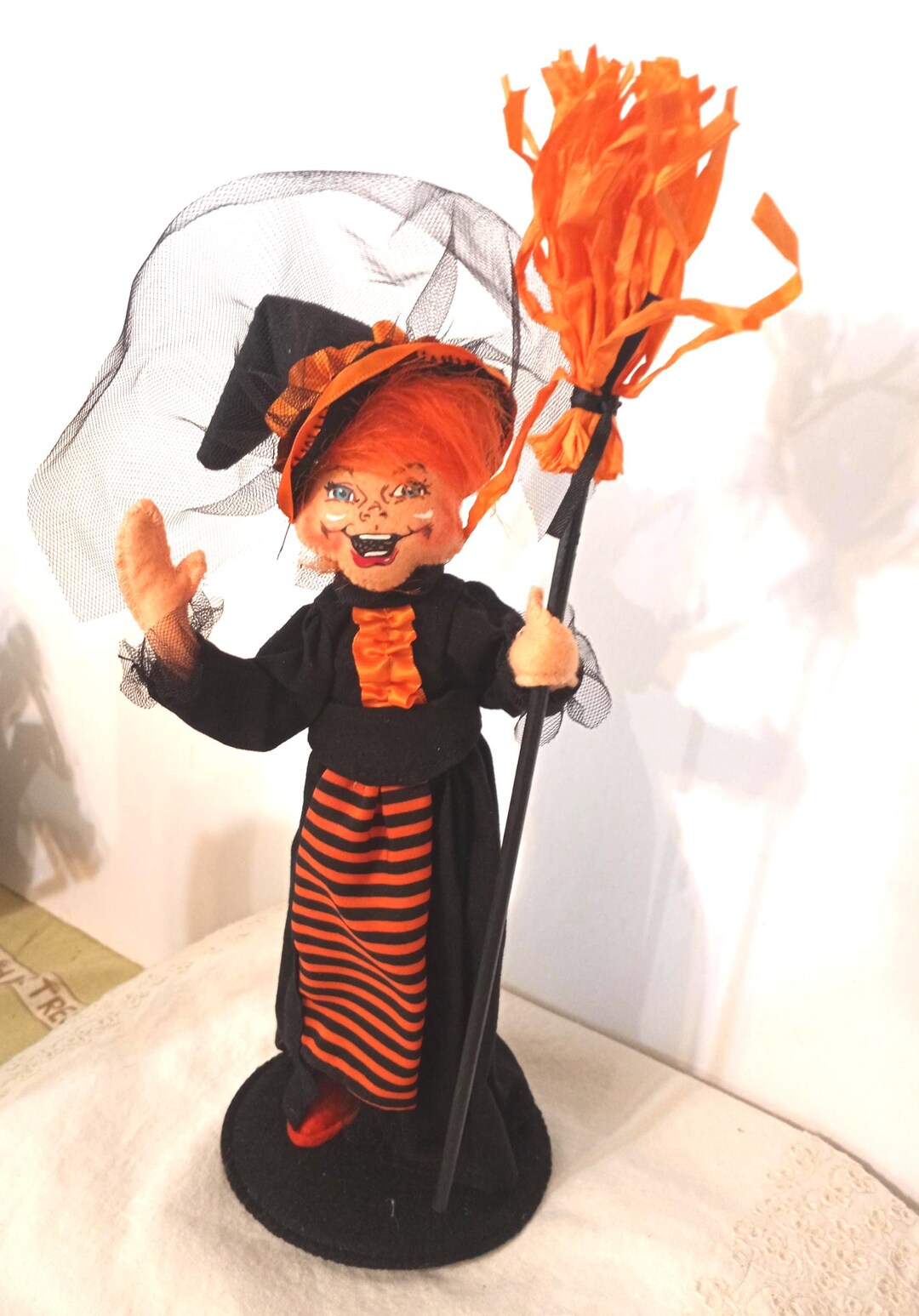 Annalee Halloween Good Witch Art Doll: Orange Hair, Broom, Wood Stand ...