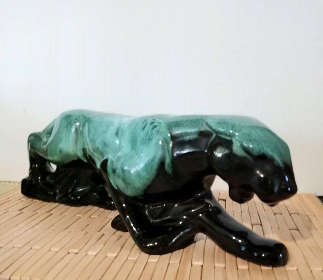 Midcentury Ceramic Panther Sculpture: Blue Green Drip Glaze, Canadian ...