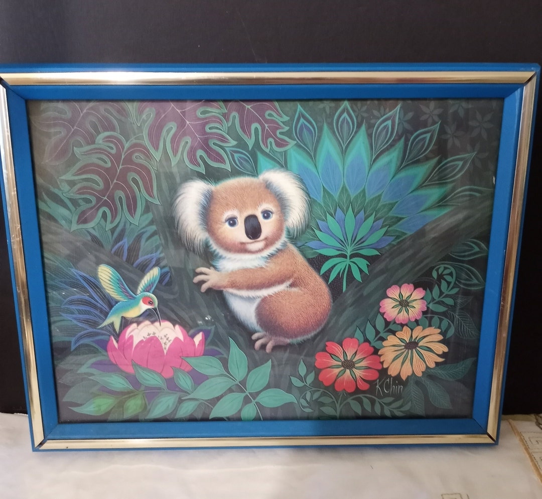 Vtg K. Chin 1960s -70s Baby Koala and Hummingbird Art Print, Nursery ...