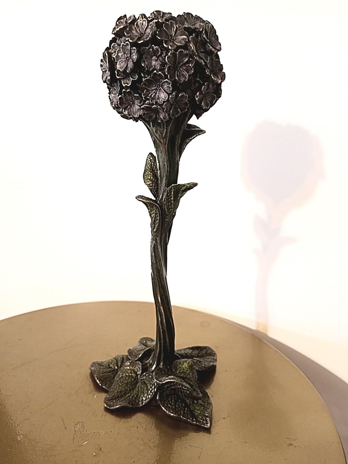 Art Nouveau Enameled Bronze Hydrangea Candlestick: Verdigris Finish, 7. ...